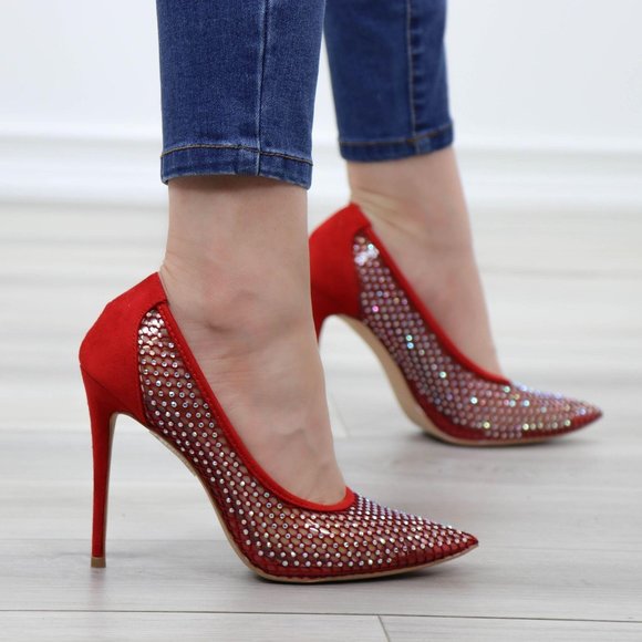 Shoes | Red Mesh Clear Sparkle Rhinestones Party High Heels | Poshmark